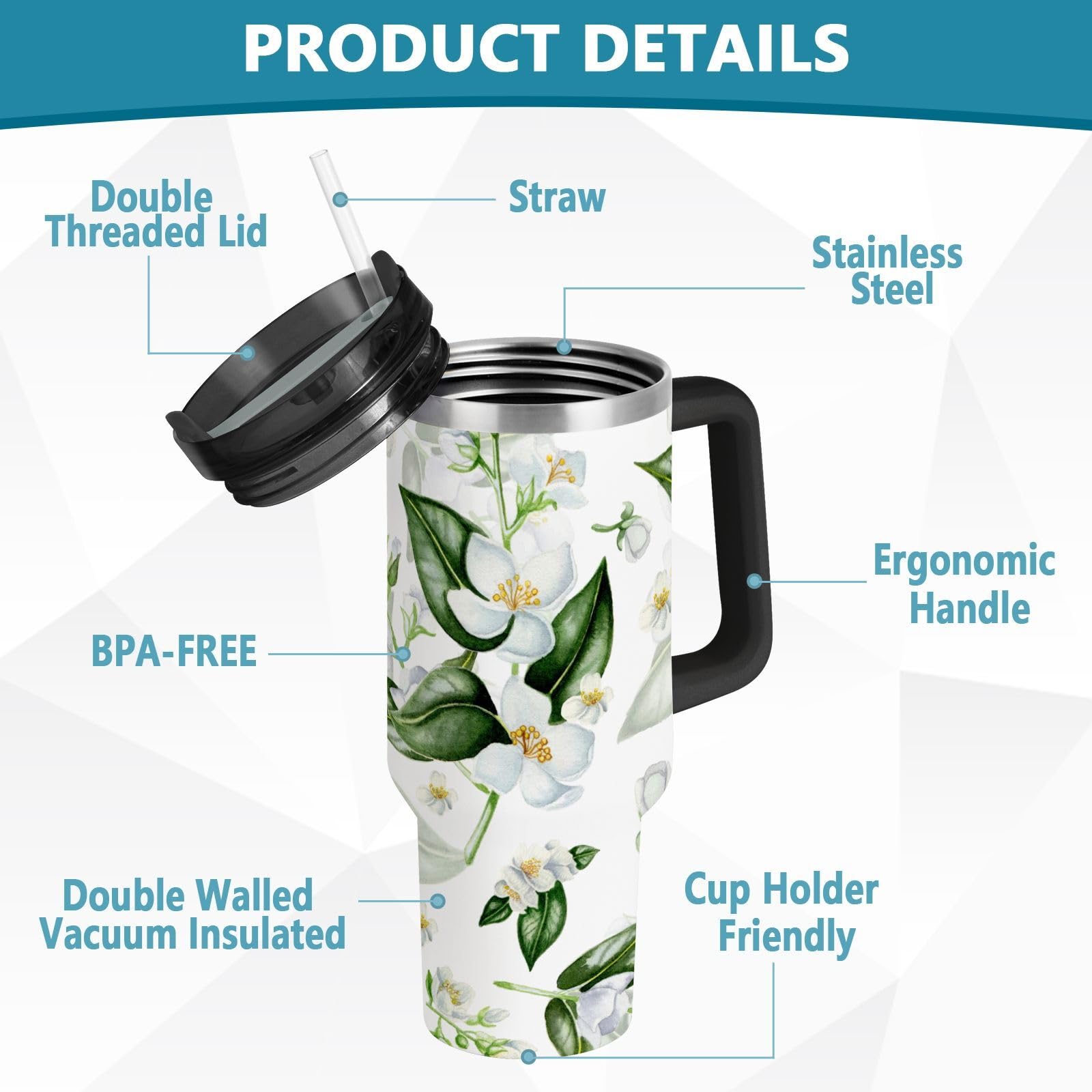 Yasala Car Tumbler with Handle White Flower Green Leaves Travel Mug Coffee Cup Insulated Beverage Container Mega Cup for Hot Cold Drinking Thermos Water Bottle Cupholder Friendly 40 oz