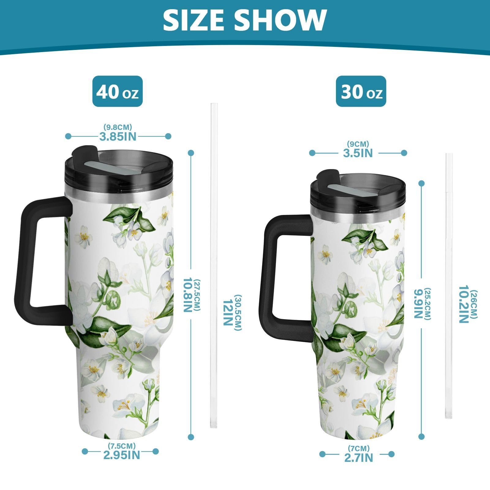 Yasala Car Tumbler with Handle White Flower Green Leaves Travel Mug Coffee Cup Insulated Beverage Container Mega Cup for Hot Cold Drinking Thermos Water Bottle Cupholder Friendly 40 oz