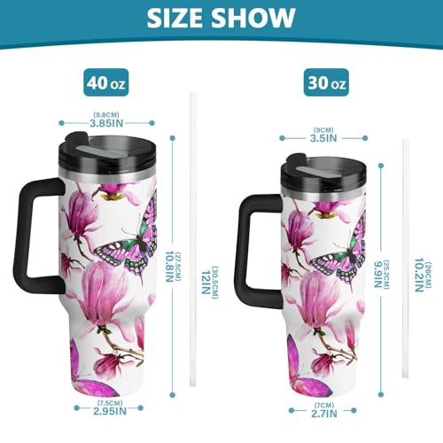 Yasala Car Tumbler with Handle Pinks Magnolia Butterfly Travel Mug Coffee Cup Insulated Beverage Container Mega Cup for Hot Cold Drinking Thermos Water Bottle Cupholder Friendly 40 oz