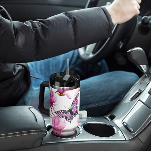 Yasala Car Tumbler with Handle Pinks Magnolia Butterfly Travel Mug Coffee Cup Insulated Beverage Container Mega Cup for Hot Cold Drinking Thermos Water Bottle Cupholder Friendly 40 oz