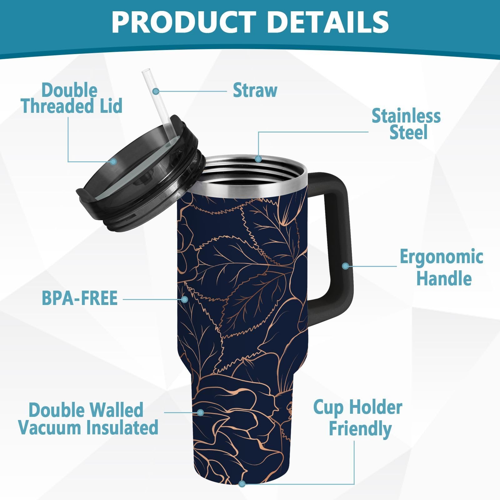 Yasala Car Tumbler with Handle Art Rose Flower Travel Mug Coffee Cup Insulated Beverage Container Mega Cup for Hot Cold Drinking Thermos Water Bottle Cupholder Friendly 40 oz