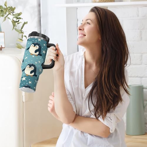 FRCSDIY Cute Penguin Insulated Tumbler with Handle and Straw Lid,40oz Leakproof Stainless Steel Cup BPA-Free Water Bottle