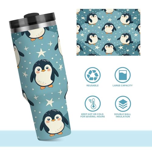 FRCSDIY Cute Penguin Insulated Tumbler with Handle and Straw Lid,40oz Leakproof Stainless Steel Cup BPA-Free Water Bottle