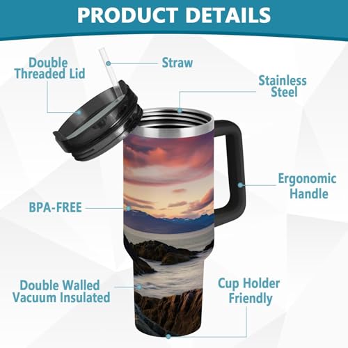 FRCSDIY Seaside Lighthouse Insulated Tumbler with Handle and Straw Lid,40oz Leakproof Stainless Steel Cup BPA-Free Water Bottle