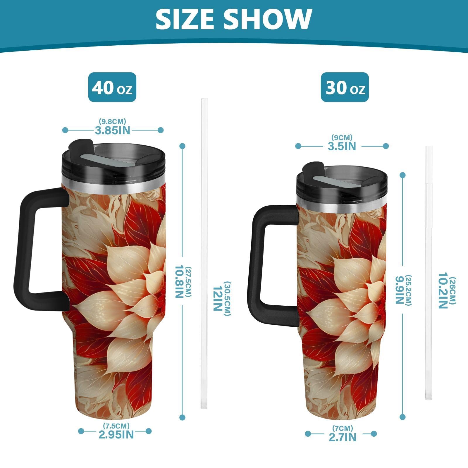 FRCSDIY Mandala Flower Insulated Tumbler with Handle and Straw Lid,30oz Leakproof Stainless Steel Cup BPA-Free Water Bottle