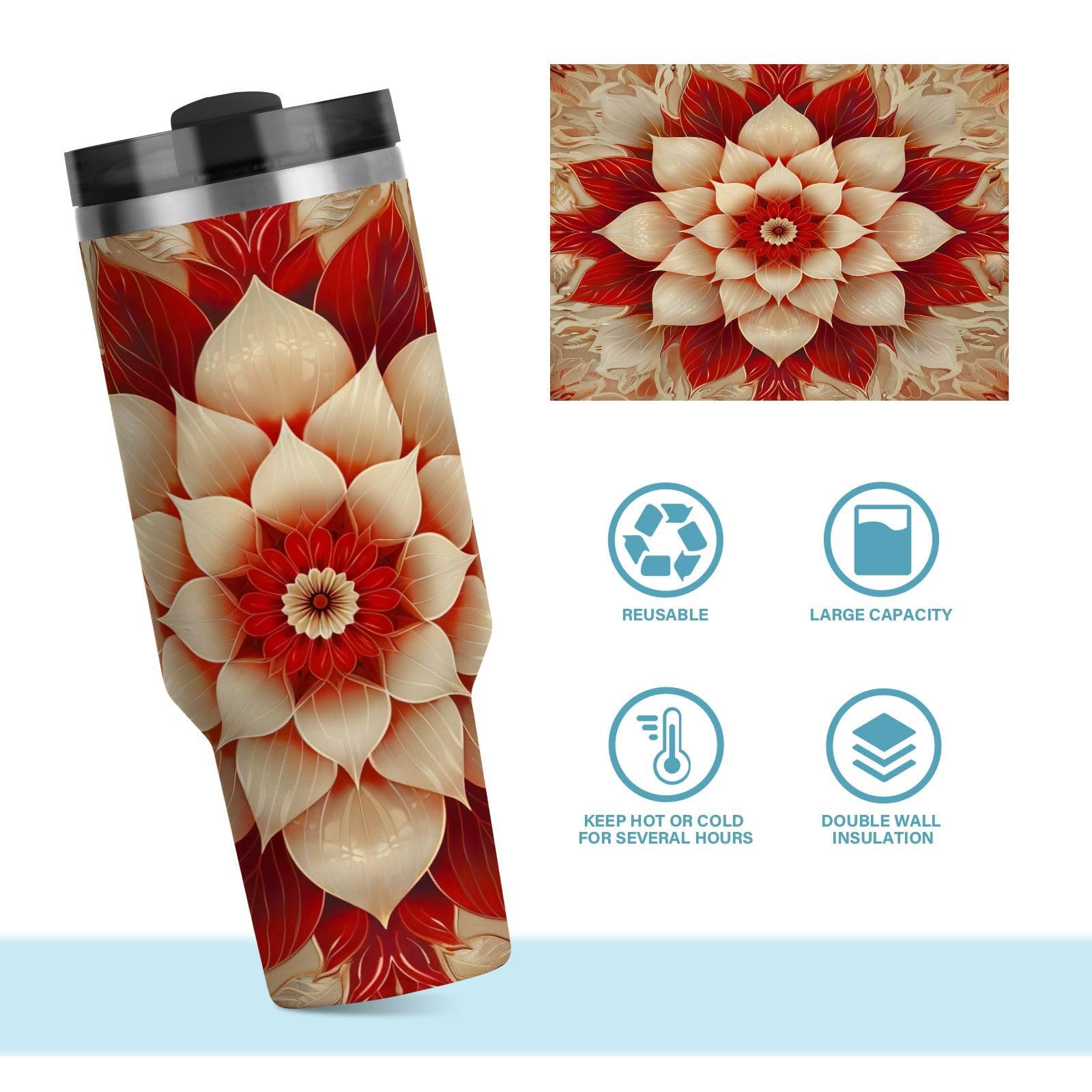 FRCSDIY Mandala Flower Insulated Tumbler with Handle and Straw Lid,30oz Leakproof Stainless Steel Cup BPA-Free Water Bottle
