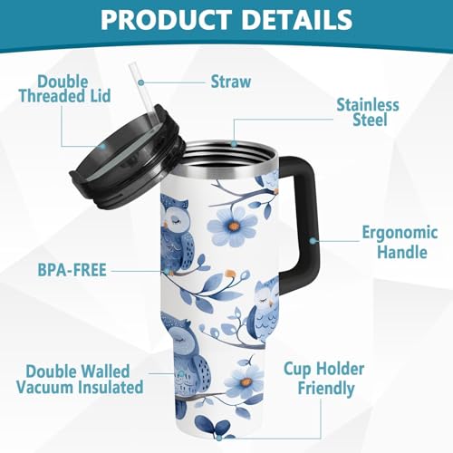 FRCSDIY Cartoon Owl Insulated Tumbler with Handle and Straw Lid,30oz Leakproof Stainless Steel Cup BPA-Free Water Bottle