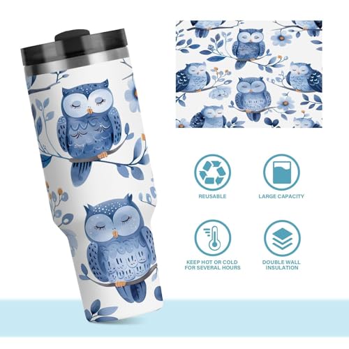 FRCSDIY Cartoon Owl Insulated Tumbler with Handle and Straw Lid,30oz Leakproof Stainless Steel Cup BPA-Free Water Bottle