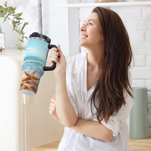 FRCSDIY Beach Starfish Insulated Tumbler with Handle and Straw Lid,40oz Leakproof Stainless Steel Cup BPA-Free Water Bottle