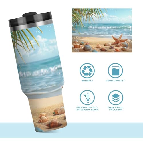 FRCSDIY Beach Starfish Insulated Tumbler with Handle and Straw Lid,40oz Leakproof Stainless Steel Cup BPA-Free Water Bottle
