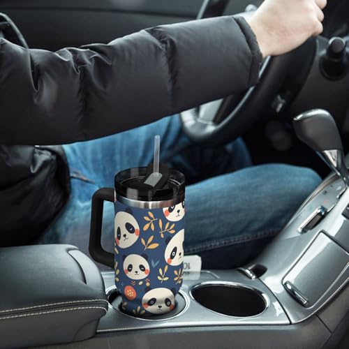 linqin Retro Panda Face Blue Vacuum Insulated Tumbler with Straw Lid 30 oz Gym Water Bottle Reusable Portable Coffee Mug for Home, Office or Car