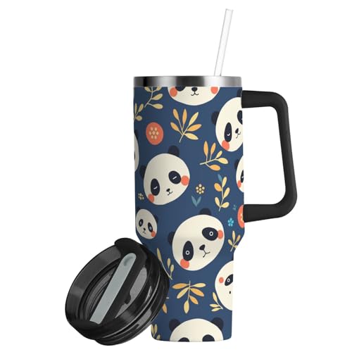 linqin Retro Panda Face Blue Vacuum Insulated Tumbler with Straw Lid 30 oz Gym Water Bottle Reusable Portable Coffee Mug for Home, Office or Car