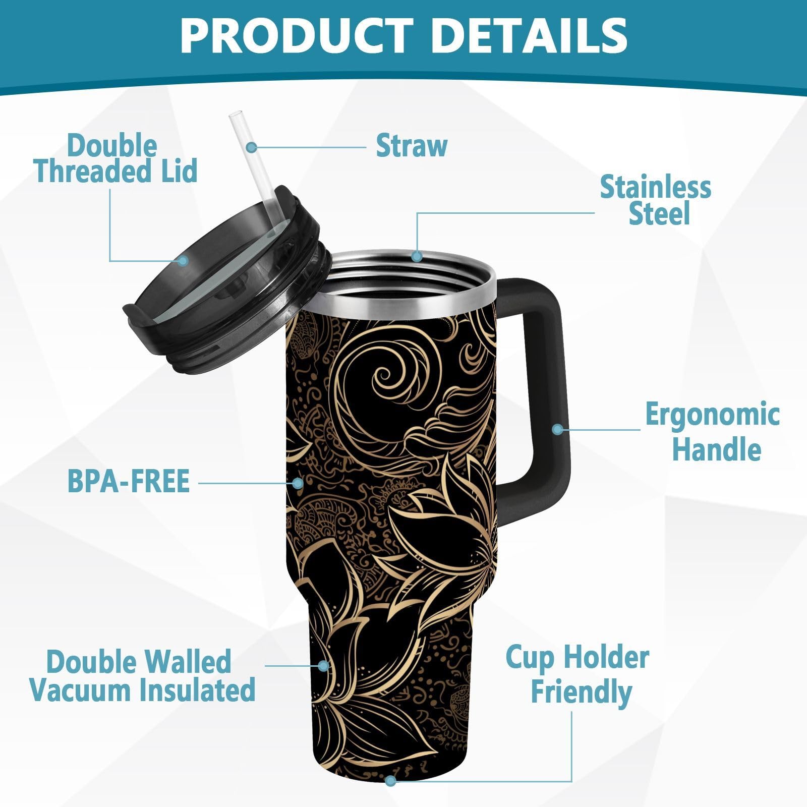 Yasala Car Tumbler with Handle Golden Lotus Floral Travel Mug Coffee Cup Insulated Beverage Container Mega Cup for Hot Cold Drinking Thermos Water Bottle Cupholder Friendly 40 oz