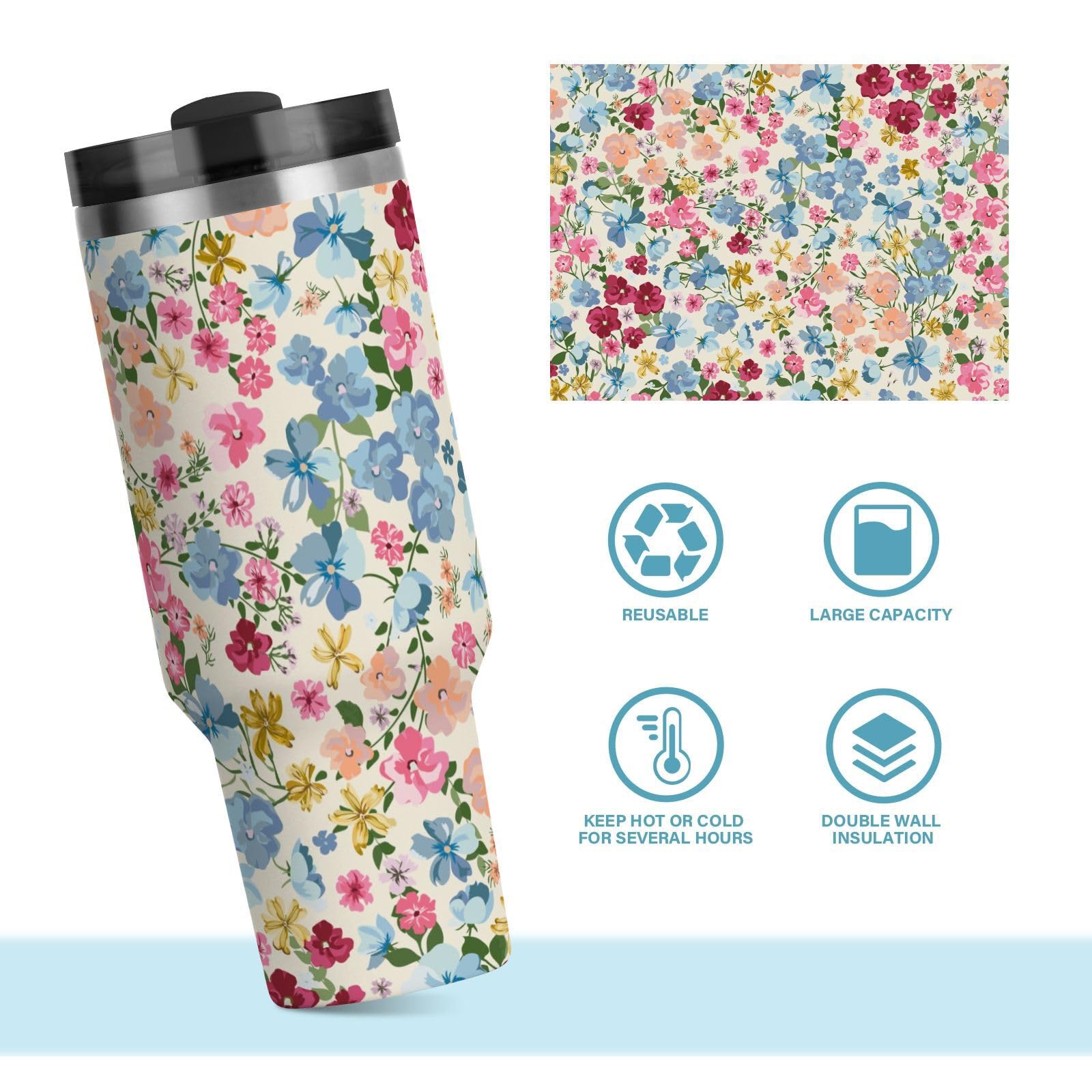 Yasala Car Tumbler with Handle Watercolor Cute Garden Flower Travel Mug Coffee Cup Insulated Beverage Container Mega Cup for Hot Cold Drinking Thermos Water Bottle Cupholder Friendly 40 oz