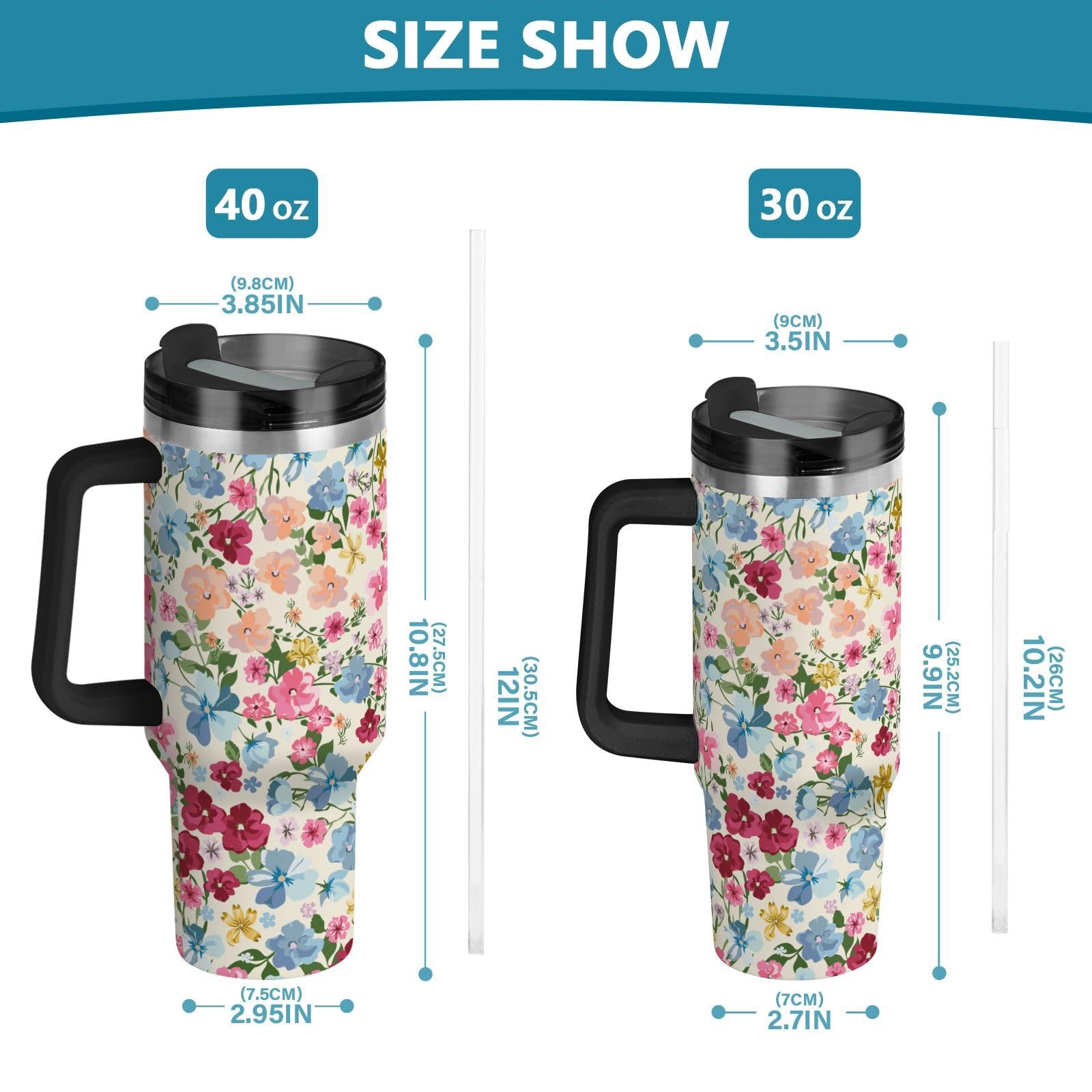 Yasala Car Tumbler with Handle Watercolor Cute Garden Flower Travel Mug Coffee Cup Insulated Beverage Container Mega Cup for Hot Cold Drinking Thermos Water Bottle Cupholder Friendly 40 oz