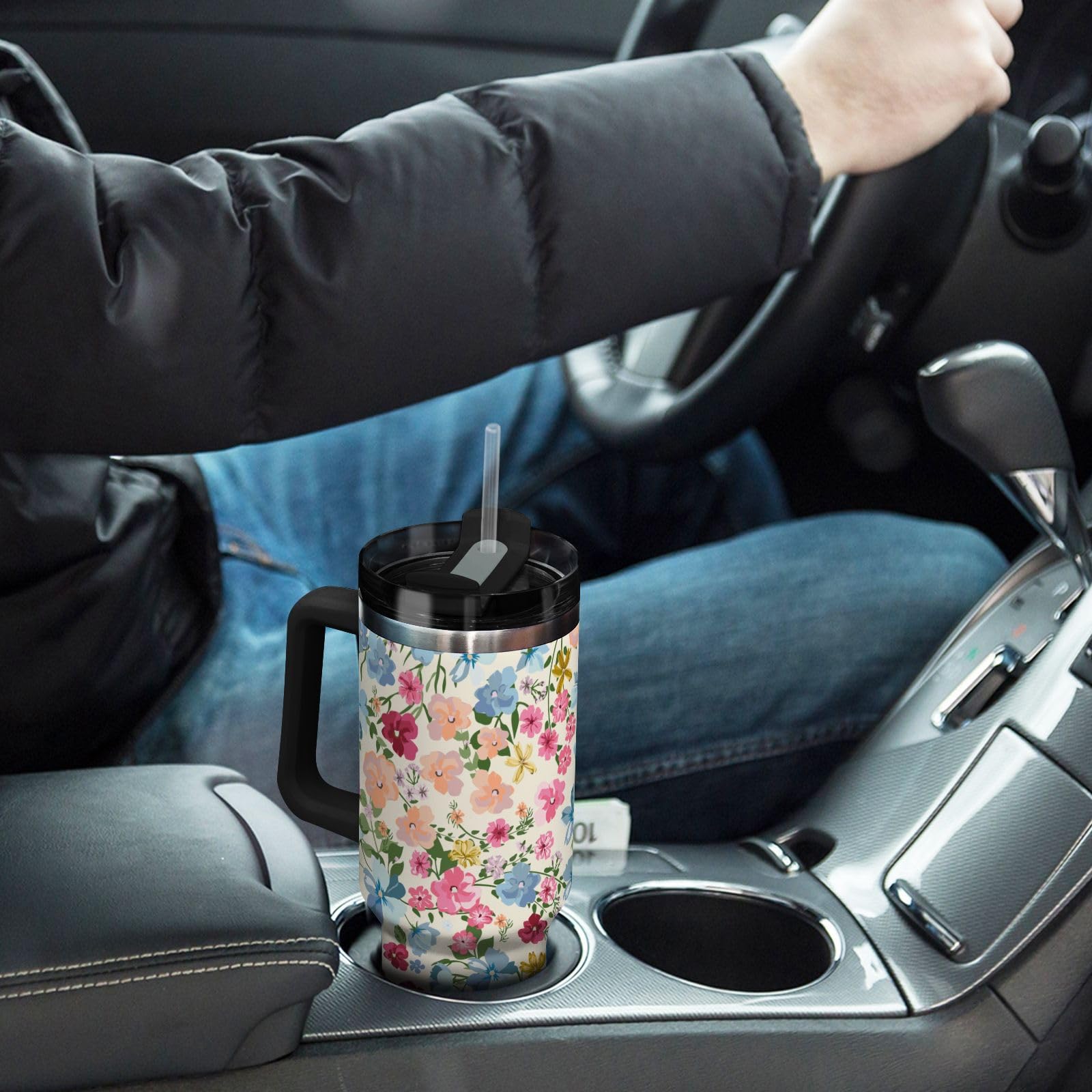 Yasala Car Tumbler with Handle Watercolor Cute Garden Flower Travel Mug Coffee Cup Insulated Beverage Container Mega Cup for Hot Cold Drinking Thermos Water Bottle Cupholder Friendly 40 oz