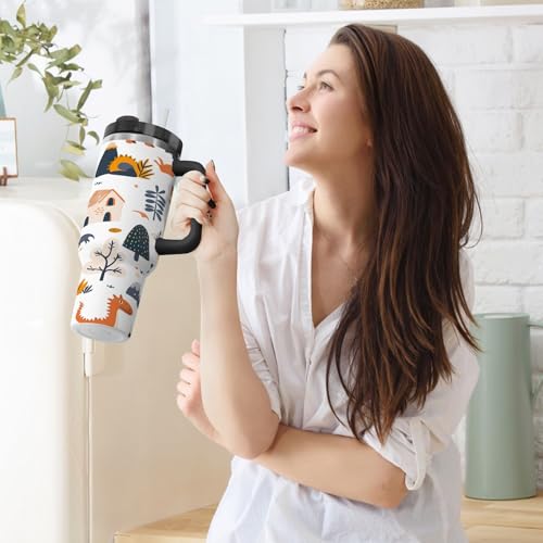 FRCSDIY Cartoon Dinosaur Insulated Tumbler with Handle and Straw Lid,40oz Leakproof Stainless Steel Cup BPA-Free Water Bottle