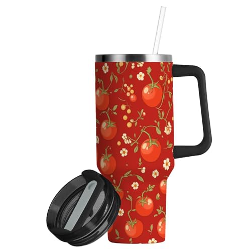 linqin Cartoon Red Tomato Vacuum Tumbler Insulated with Straw Lid 30 oz Kids Water Bottles Wide Mouth Travel Coffee Mug with Handle for Water, Iced Tea or Coffee