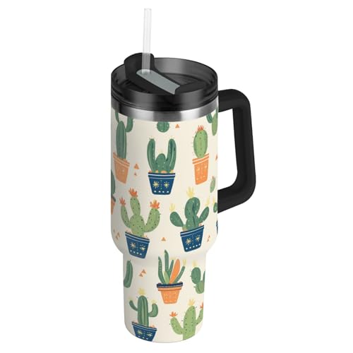 linqin Gigantic Cacti Mint Cream Vacuum Tumbler Insulated with Straw Leak Resistant Flip 40 oz Kids Water Bottle Wide Mouth To Go Coffee Mug for Hiking, Sports, Camp