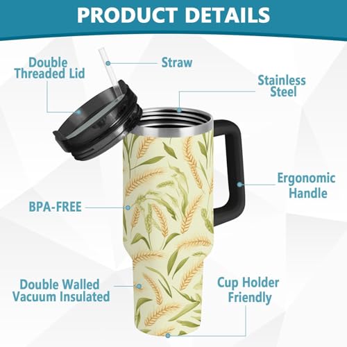 linqin Wheat Spring Green Vacuum Insulated Tumbler with Straw Lid 40 oz Water Bottle Reusable Stainless Steel Mug for Water, Iced Tea or Coffee