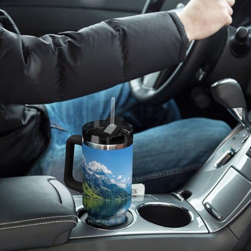 FRCSDIY Snowy Mountains and Lakes Insulated Tumbler with Handle and Straw Lid,30oz Leakproof Stainless Steel Cup BPA-Free Water Bottle