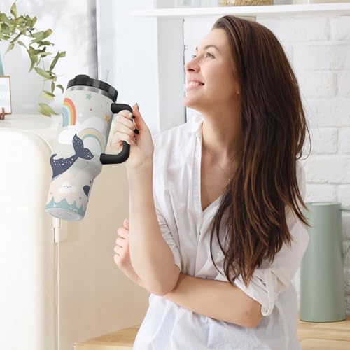 FRCSDIY Rainbow Whale Insulated Tumbler with Handle and Straw Lid,40oz Leakproof Stainless Steel Cup BPA-Free Water Bottle