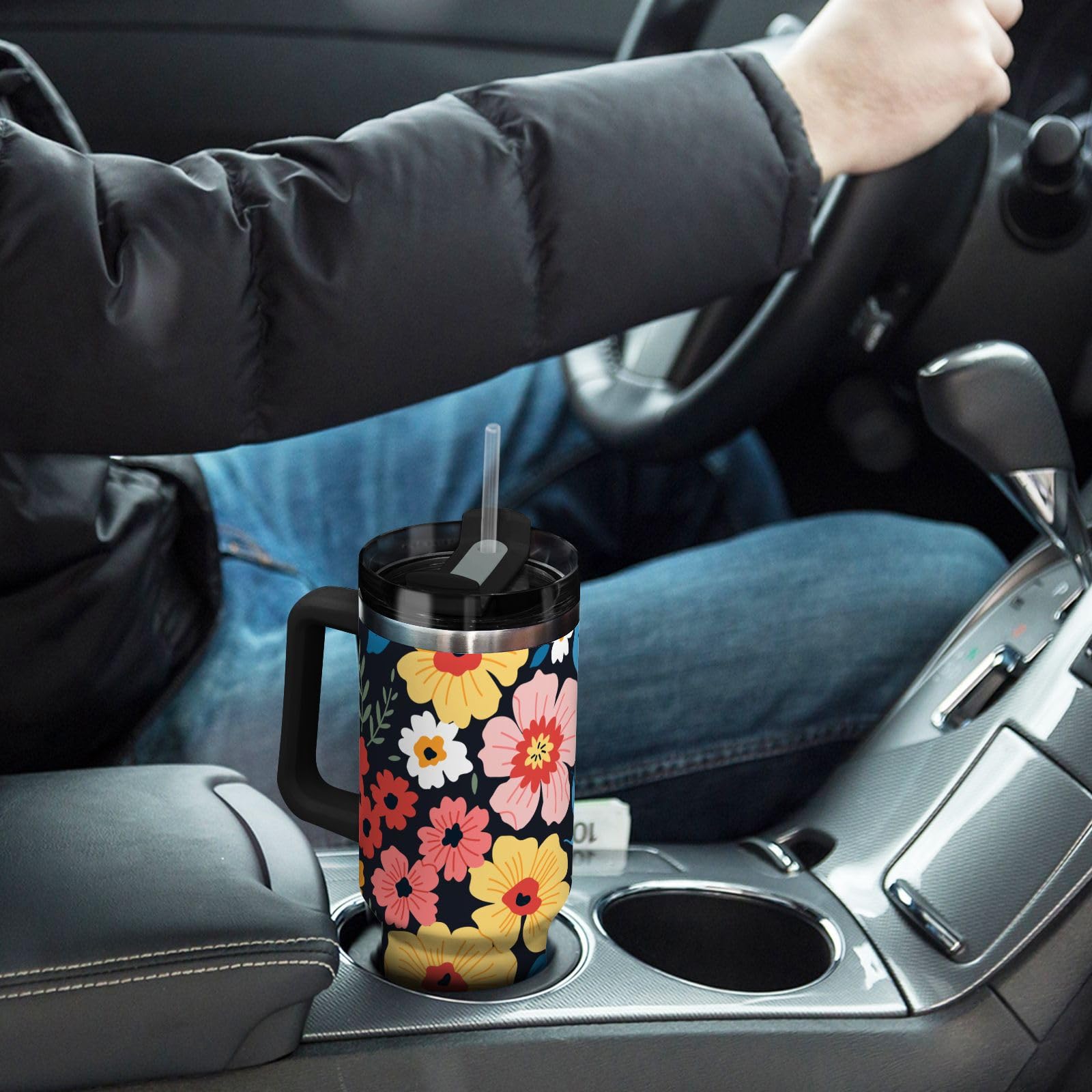 Yasala Car Tumbler with Handle Spring Vivid Flower Travel Mug Coffee Cup Insulated Beverage Container Mega Cup for Hot Cold Drinking Thermos Water Bottle Cupholder Friendly 40 oz