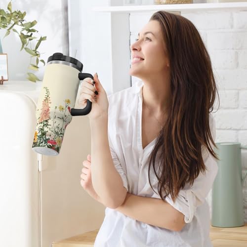 FRCSDIY Beautiful Flowers Insulated Tumbler with Handle and Straw Lid,30oz Leakproof Stainless Steel Cup BPA-Free Water Bottle