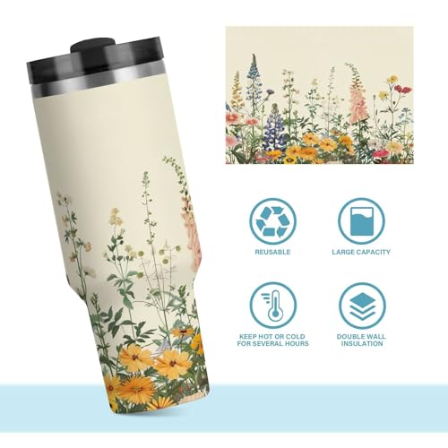 FRCSDIY Beautiful Flowers Insulated Tumbler with Handle and Straw Lid,30oz Leakproof Stainless Steel Cup BPA-Free Water Bottle