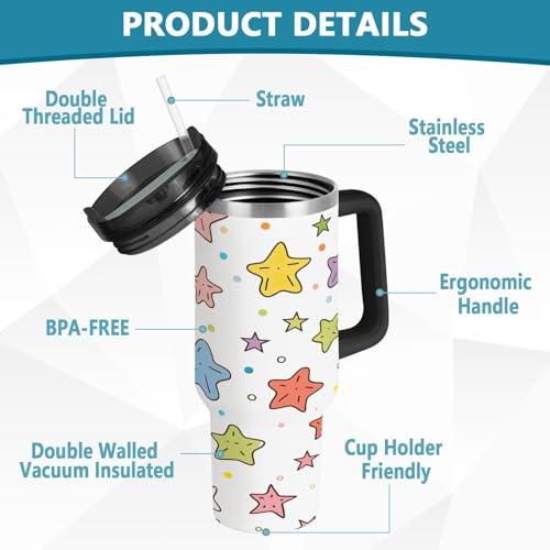 FRCSDIY Cartoon Stars Insulated Tumbler with Handle and Straw Lid,40oz Leakproof Stainless Steel Cup BPA-Free Water Bottle