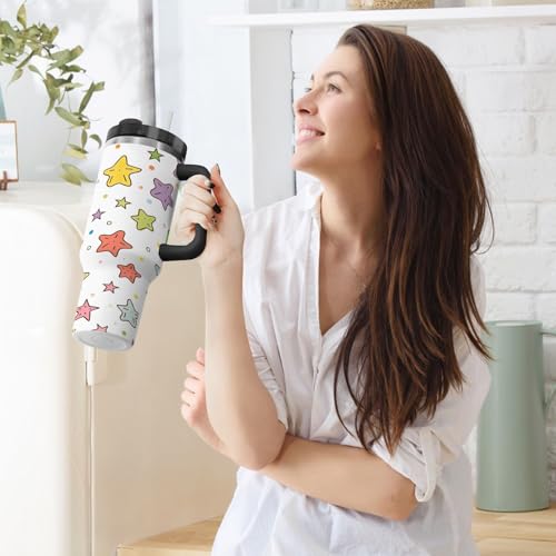 FRCSDIY Cartoon Stars Insulated Tumbler with Handle and Straw Lid,40oz Leakproof Stainless Steel Cup BPA-Free Water Bottle