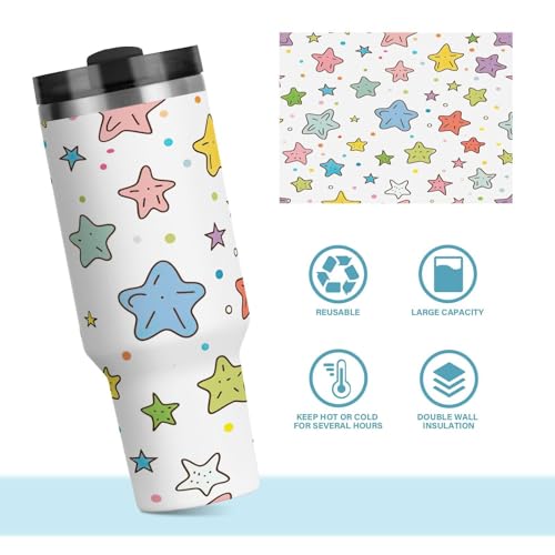 FRCSDIY Cartoon Stars Insulated Tumbler with Handle and Straw Lid,40oz Leakproof Stainless Steel Cup BPA-Free Water Bottle