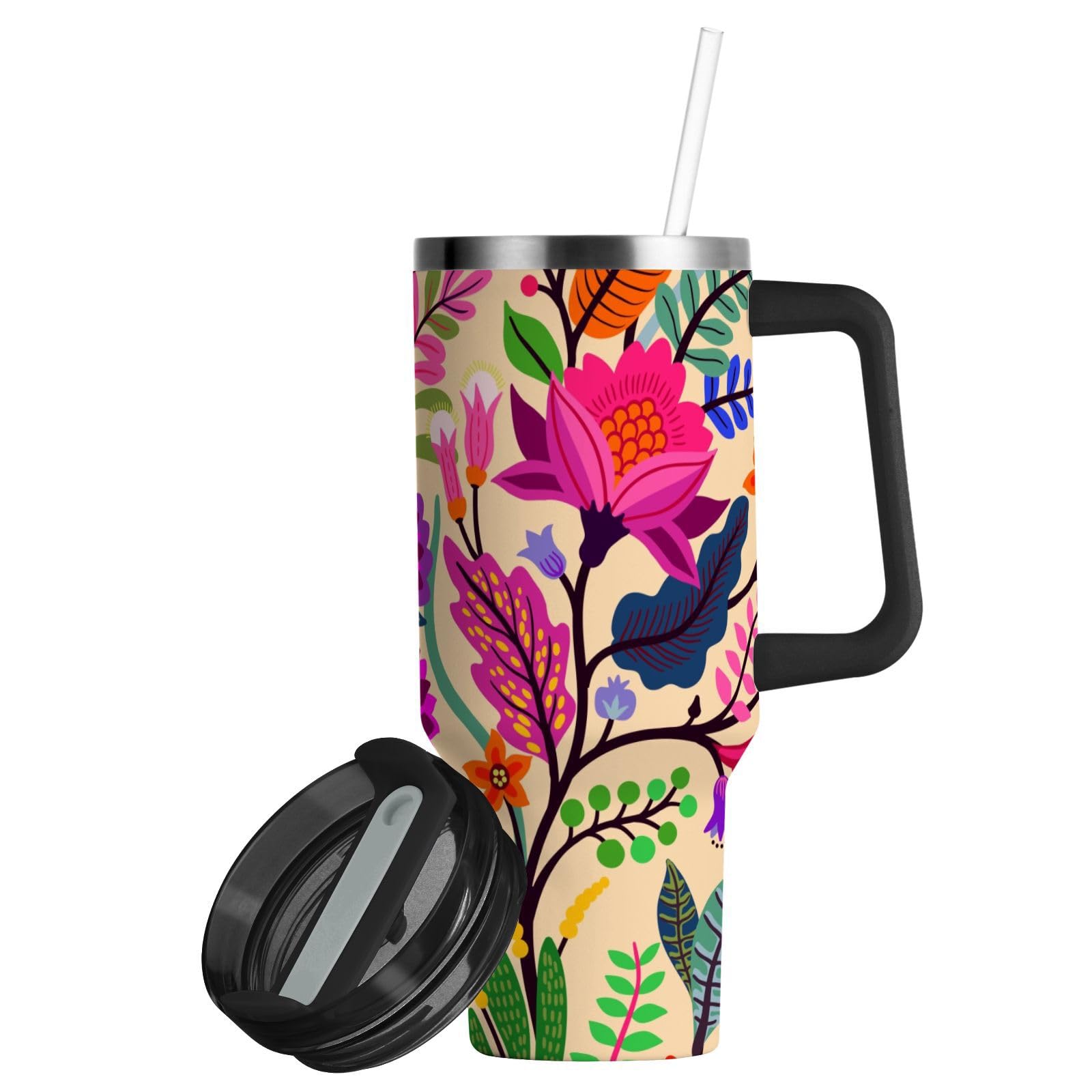 Yasala Car Tumbler with Handle Rainbow Flower Cartoon Flora Travel Mug Coffee Cup Insulated Beverage Container Mega Cup for Hot Cold Drinking Thermos Water Bottle Cupholder Friendly 40 oz