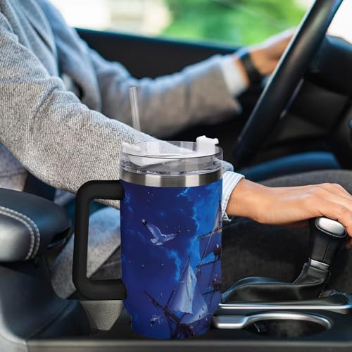 Steamship Moon Tumbler with Handle Travel Mug Water Bottle Tea Coffee Cup Black-style