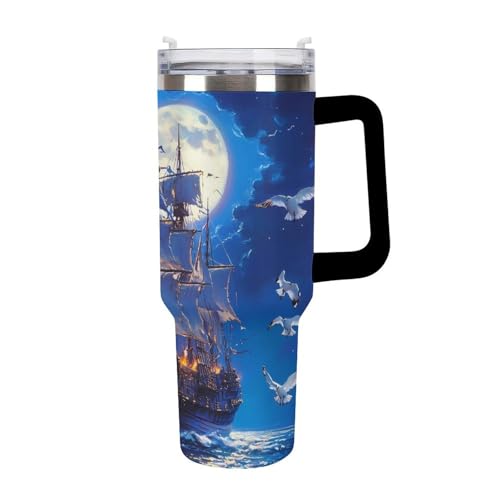 Steamship Moon Tumbler with Handle Travel Mug Water Bottle Tea Coffee Cup Black-style
