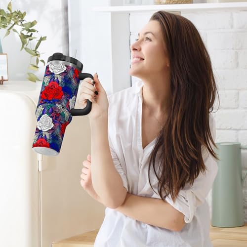 SDMKA 40oz Stainless Steel Tumbler with Straw and Handle, Vacuum Insulated Double-Walled Travel Mug, BPA-Free Leakproof Cup for Hot/Cold Beverages, Bold Red Roses
