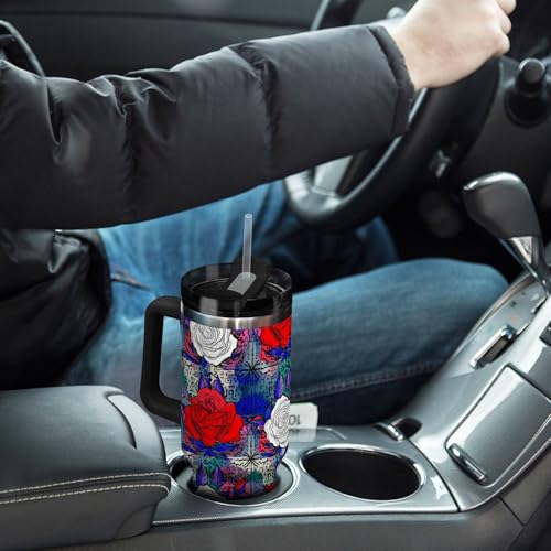 SDMKA 40oz Stainless Steel Tumbler with Straw and Handle, Vacuum Insulated Double-Walled Travel Mug, BPA-Free Leakproof Cup for Hot/Cold Beverages, Bold Red Roses