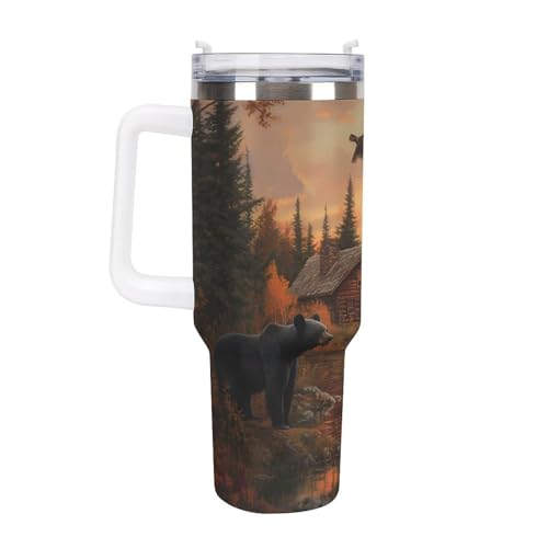 Bear Lake Lodge Duck Tumbler with Handle Travel Mug Water Bottle Tea Coffee Cup White-style