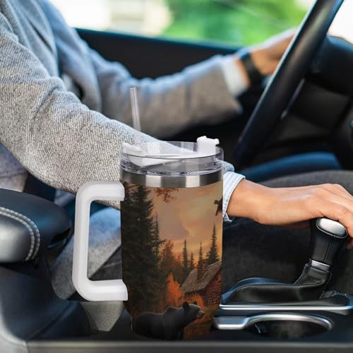 Bear Lake Lodge Duck Tumbler with Handle Travel Mug Water Bottle Tea Coffee Cup White-style