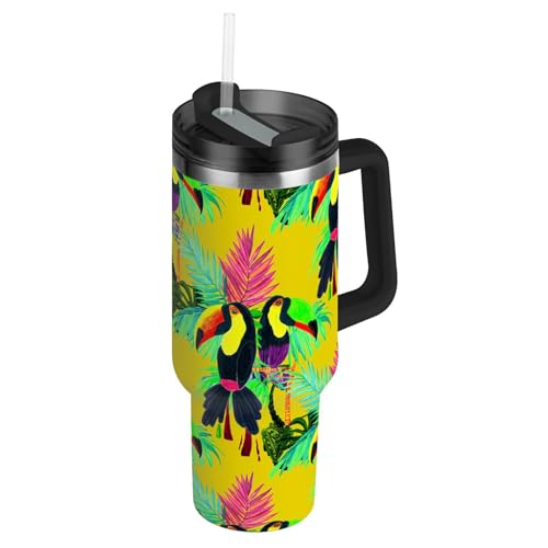 SDMKA 30oz Stainless Steel Tumbler with Straw and Handle, Vacuum Insulated Double-Walled Travel Mug, BPA-Free Leakproof Cup for Hot/Cold Beverages, Tropical Birds Palms