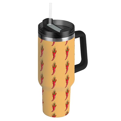 SDMKA 30oz Stainless Steel Tumbler with Straw and Handle, Vacuum Insulated Double-Walled Travel Mug, BPA-Free Leakproof Cup for Hot/Cold Beverages, Chili Peppers Flames