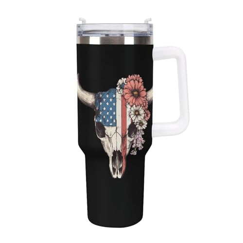 U.S Flag Cow Skull Tumbler with Handle Travel Mug Water Bottle Tea Coffee Cup White-style