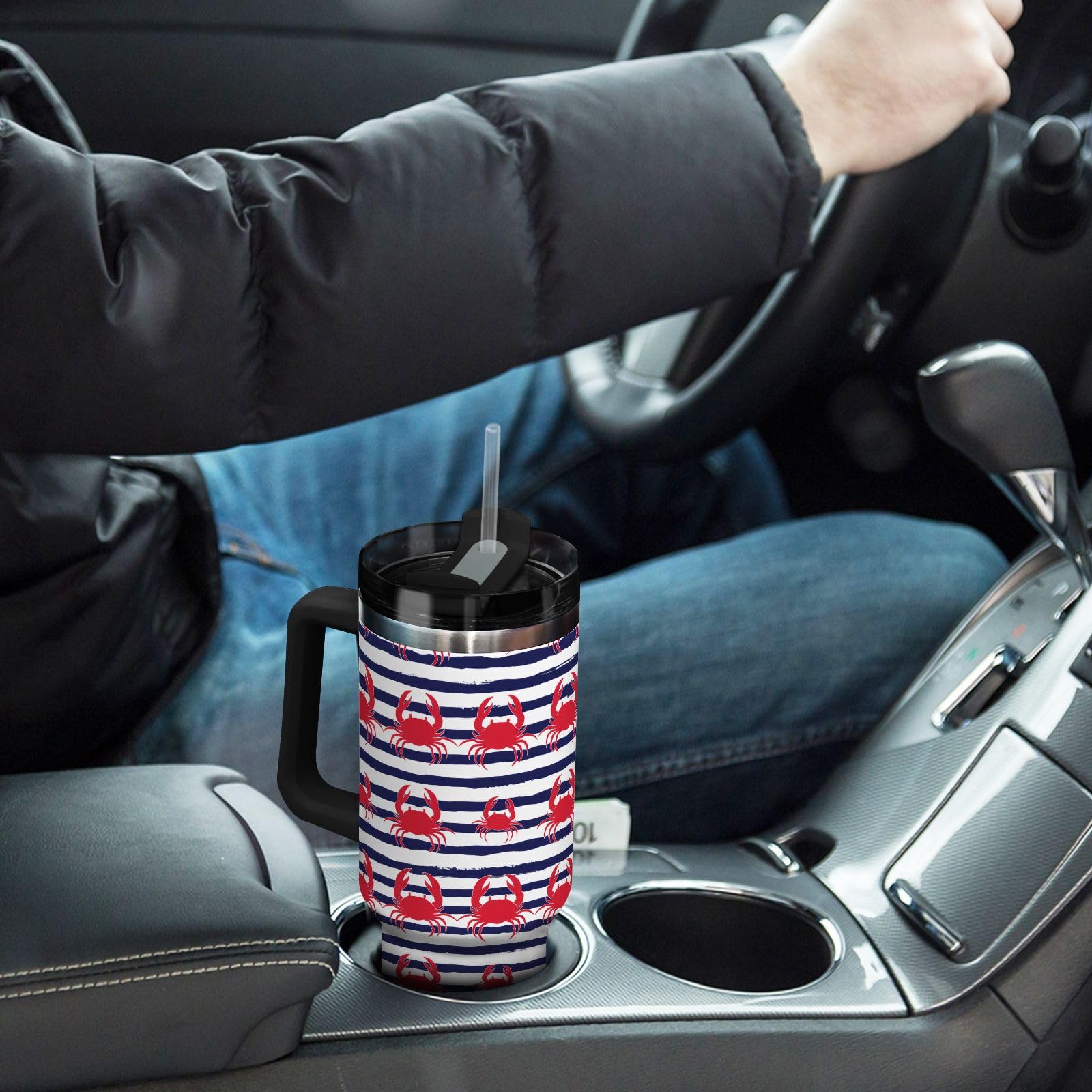 SDMKA 30oz Stainless Steel Tumbler with Straw and Handle, Vacuum Insulated Double-Walled Travel Mug, BPA-Free Leakproof Cup for Hot/Cold Beverages, Red Crabs Stripes