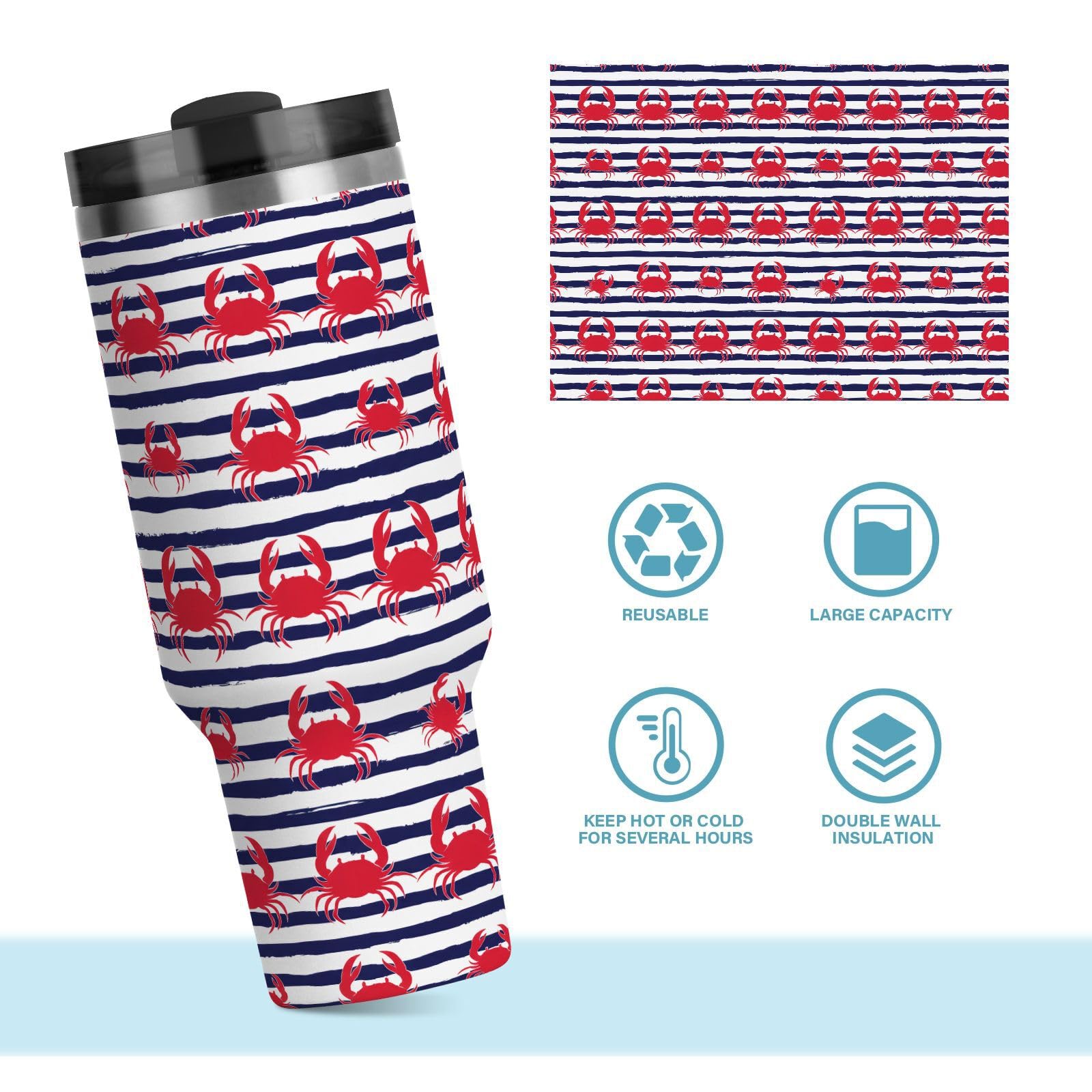 SDMKA 30oz Stainless Steel Tumbler with Straw and Handle, Vacuum Insulated Double-Walled Travel Mug, BPA-Free Leakproof Cup for Hot/Cold Beverages, Red Crabs Stripes