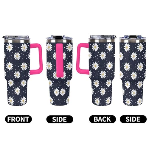 White Daisies Circles 40 Oz Tumbler Insulated Stainless Steel Water Bottle Travel Mug Car Cup with Handle And Straw
