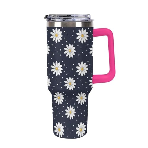 White Daisies Circles 40 Oz Tumbler Insulated Stainless Steel Water Bottle Travel Mug Car Cup with Handle And Straw