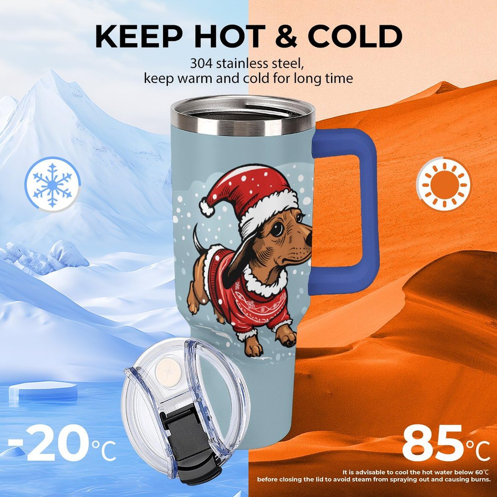 Dachshund Christmas Santa Hat 40 Oz Tumbler Insulated Stainless Steel Water Bottle Travel Mug Car Cup with Handle And Straw
