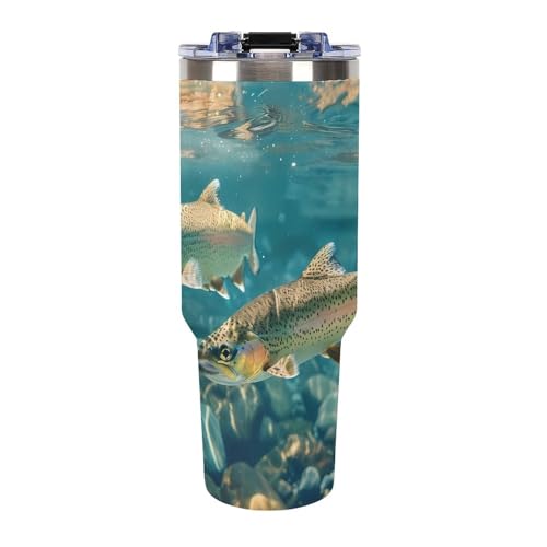 Trout 40 Oz Tumbler Insulated Stainless Steel Water Bottle Travel Mug Car Cup with Handle And Straw