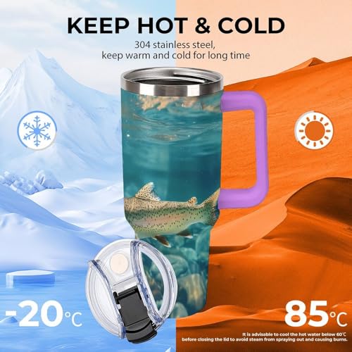 Trout 40 Oz Tumbler Insulated Stainless Steel Water Bottle Travel Mug Car Cup with Handle And Straw