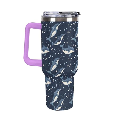 Whales Orcas Narwhals On Navy 40 Oz Tumbler Insulated Stainless Steel Water Bottle Travel Mug Car Cup with Handle And Straw